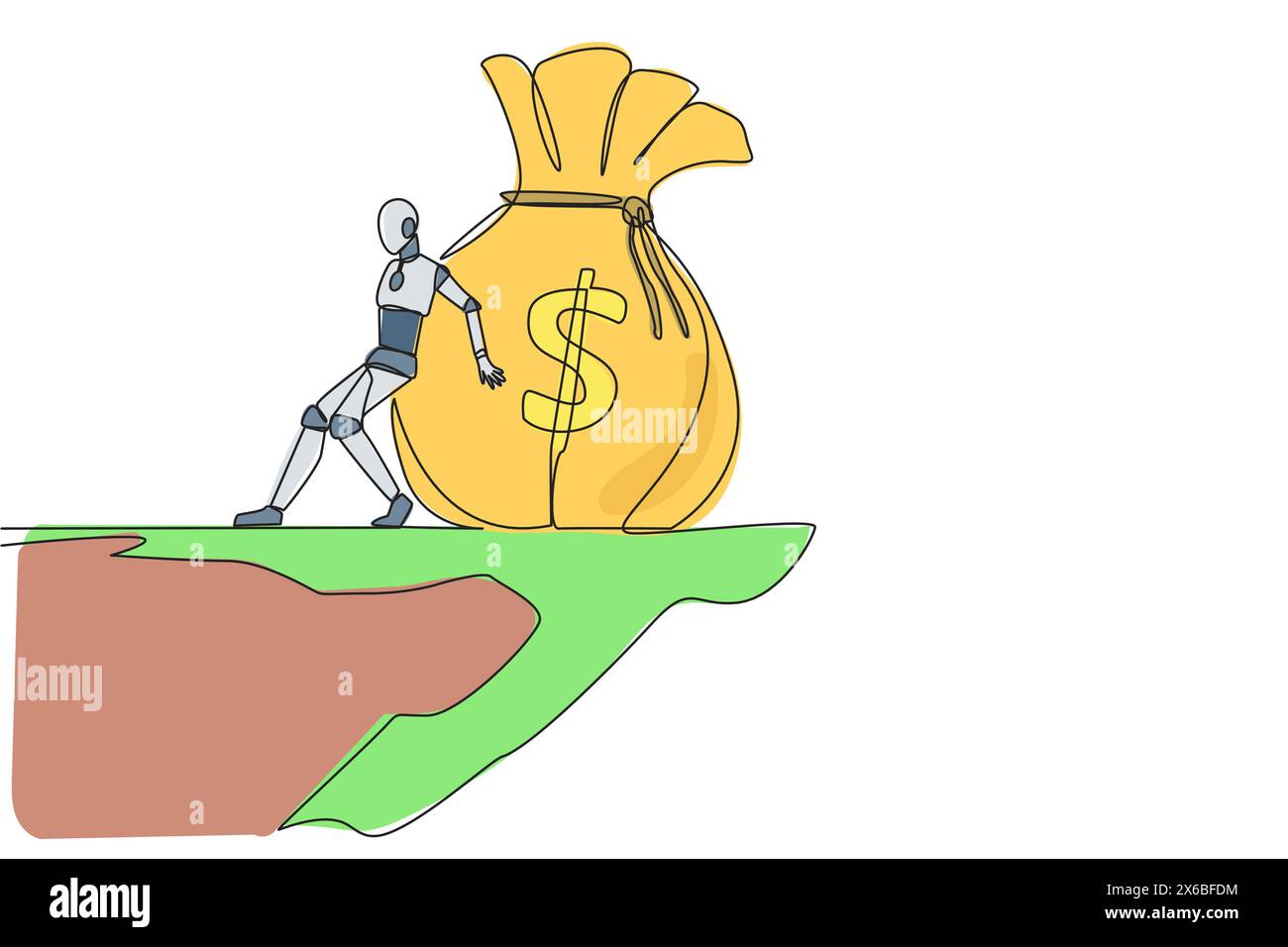 Single continuous line drawing robot pushes the large money bag down ...