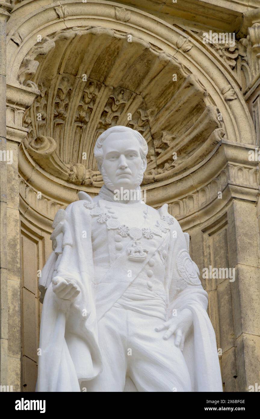 London, UK. Statue of on the northern facade of the Royal Albert Hall ...