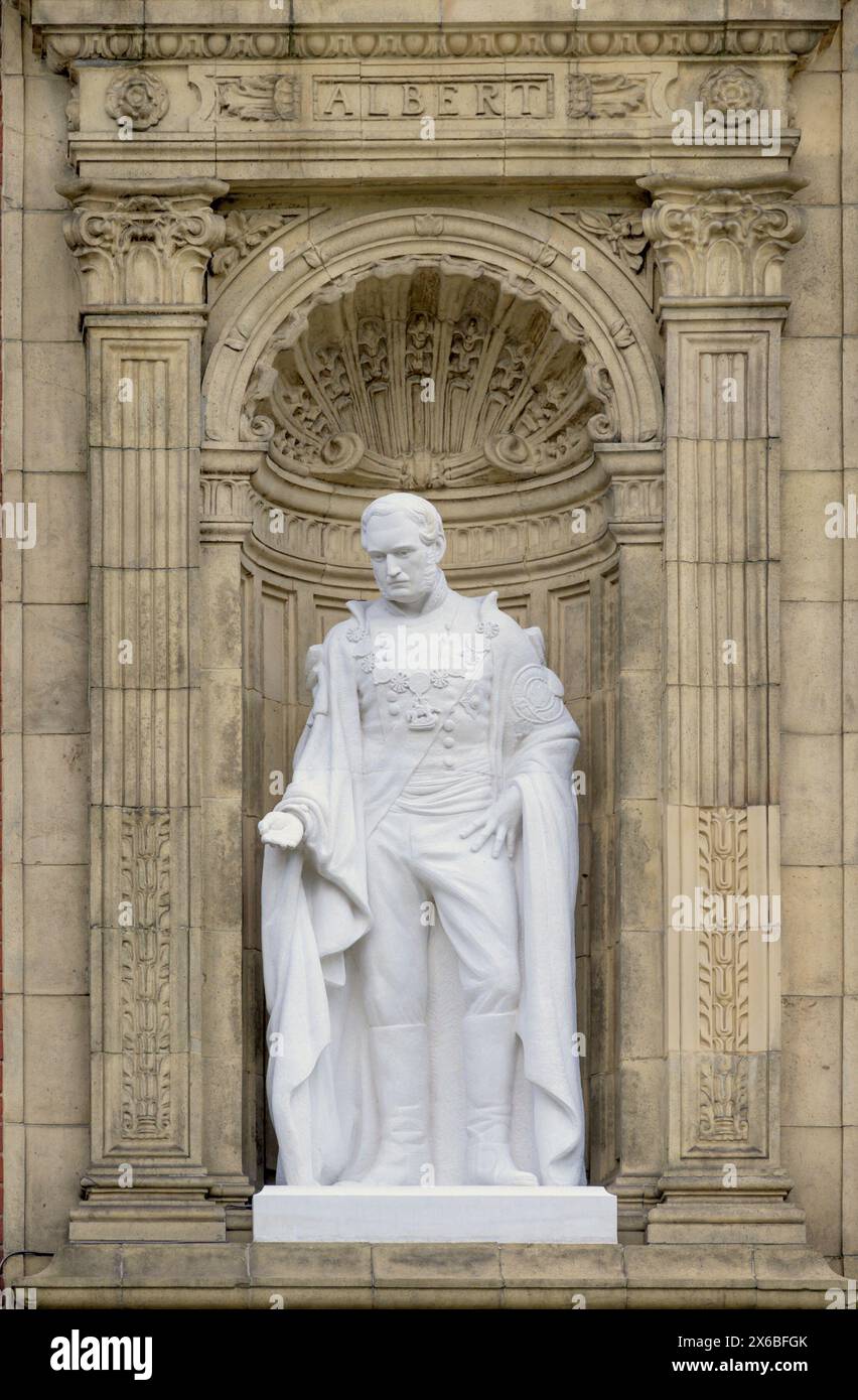 London, UK. Statue of on the northern facade of the Royal Albert Hall ...