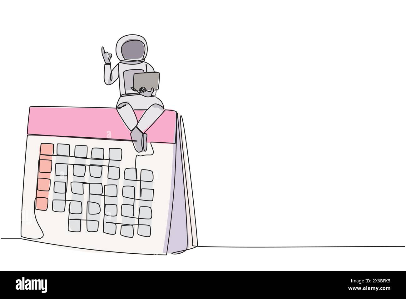 Continuous one line drawing young energetic astronaut sitting on giant ...