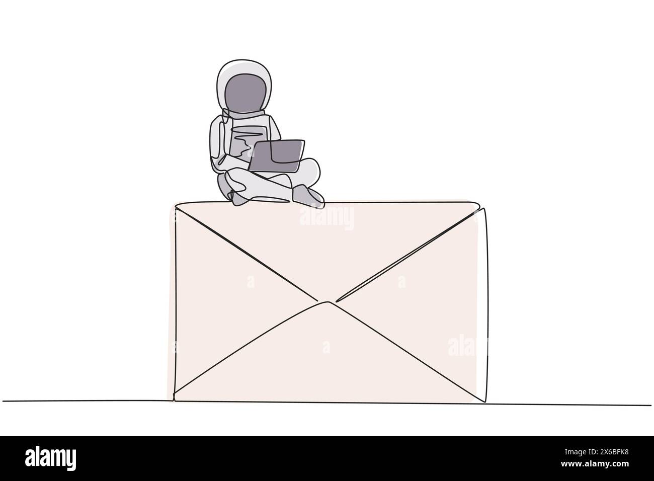 Single continuous line drawing young astronaut sitting on giant email ...