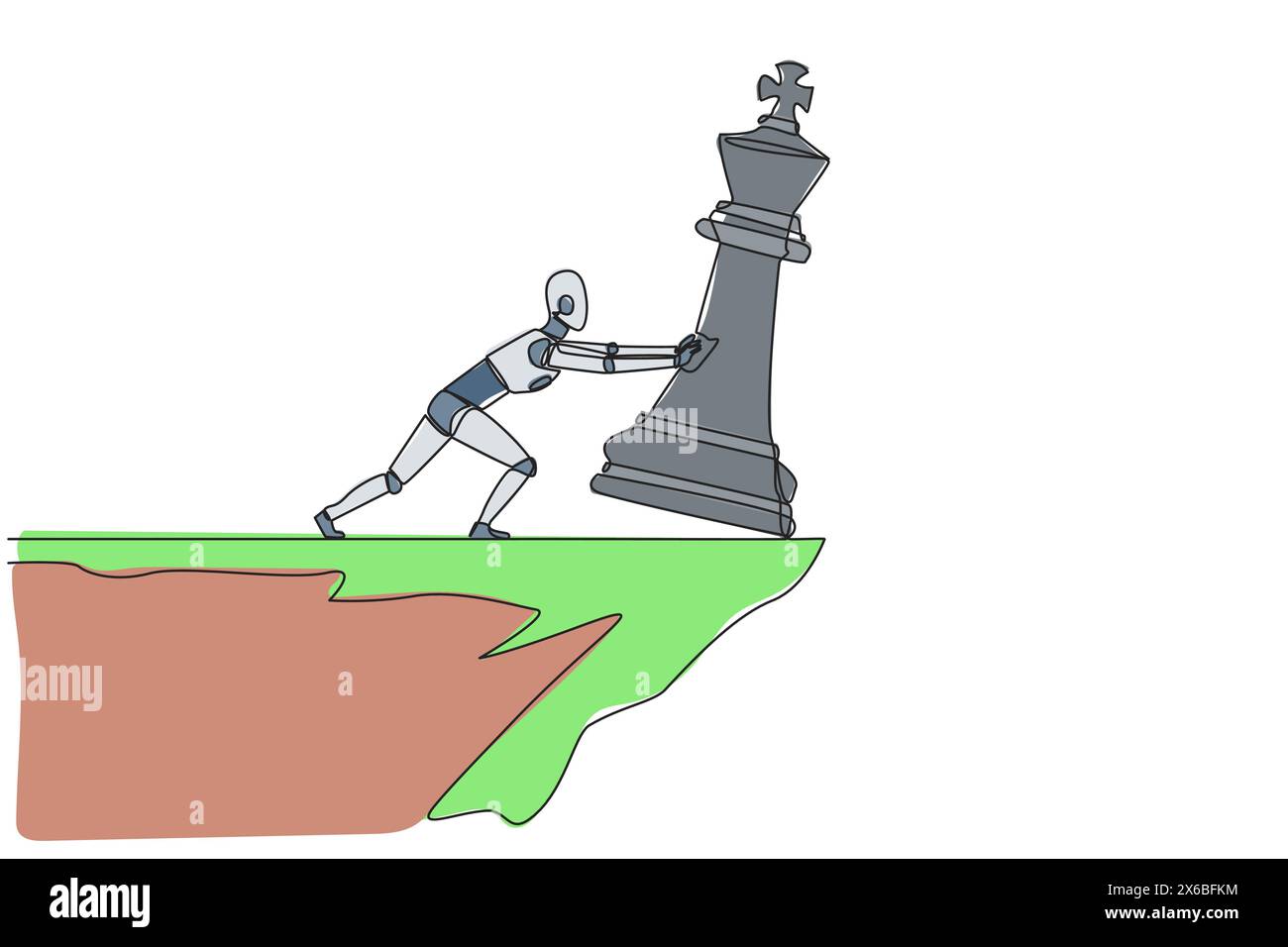 Single continuous line drawing robot pushes down a large chess piece of ...