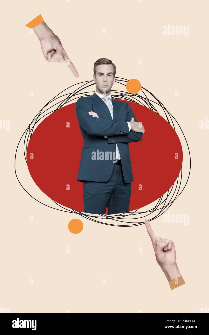 Creative trend collage of confident man crossed hands fingers point ...