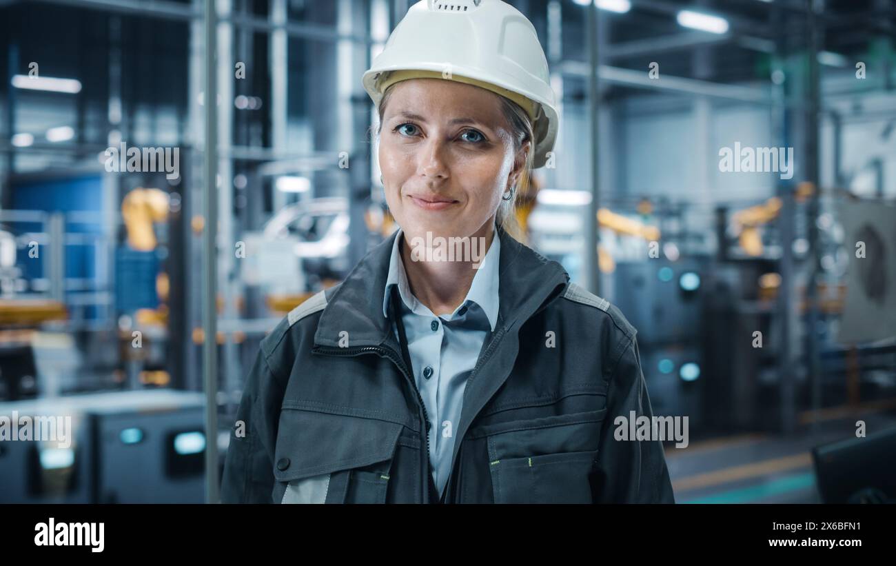 Car Factory Office: Portrait of Female Chief Engineer Wearing Hard Hat ...
