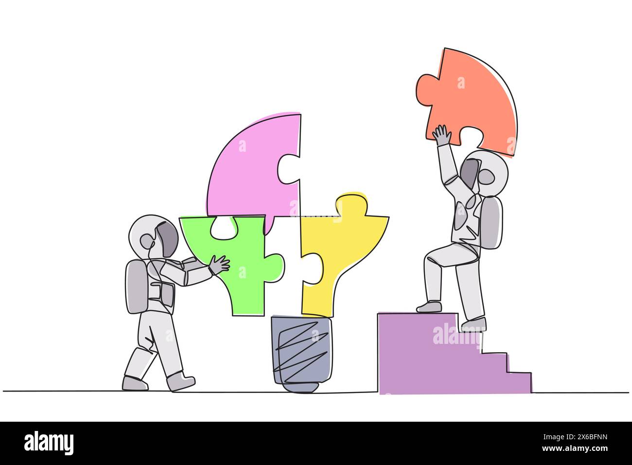 Single one line drawing two astronauts put together four lightbulb-shaped puzzle pieces ...