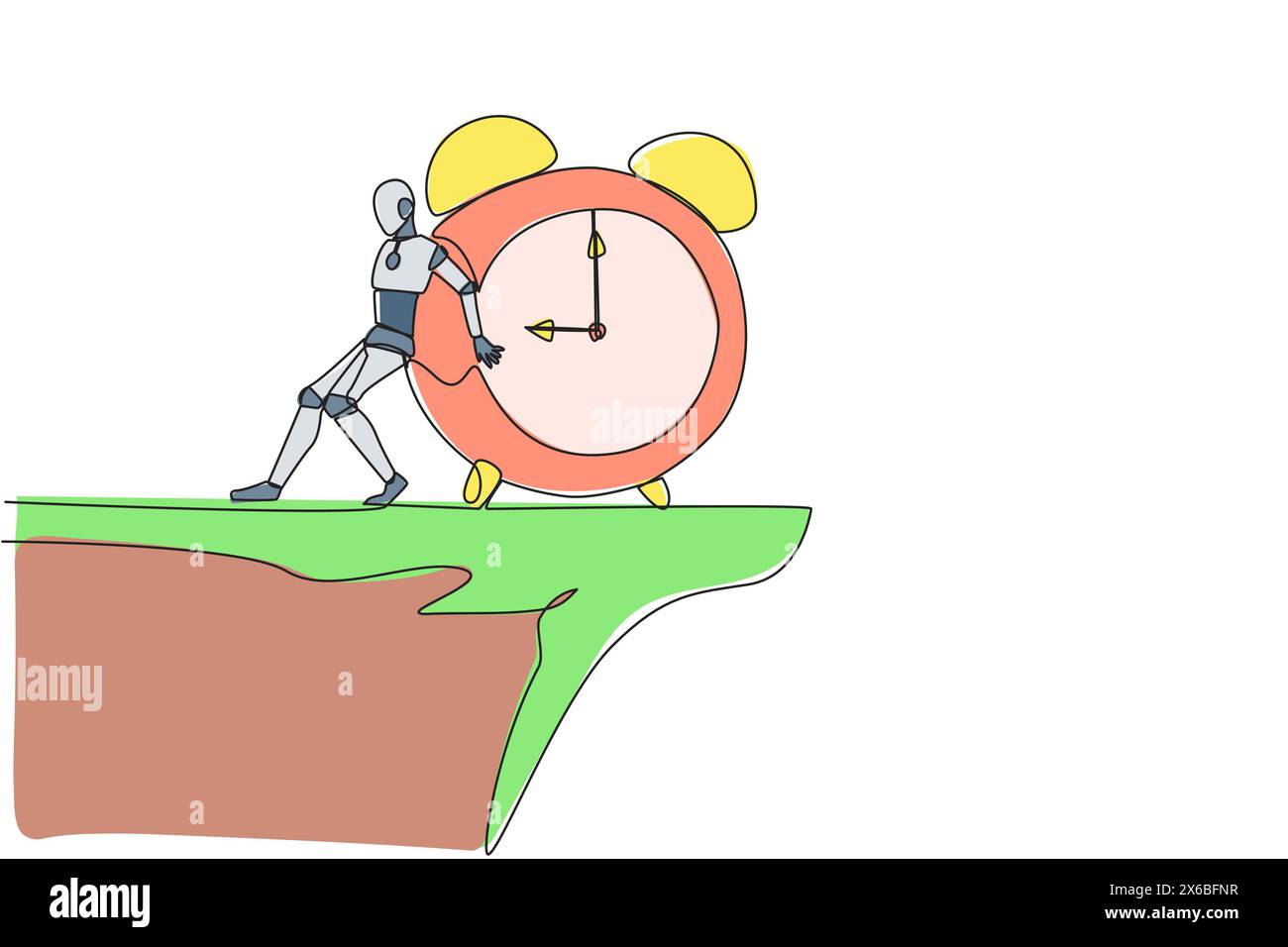 Single continuous line drawing robot pushes giant alarm clock down the ...