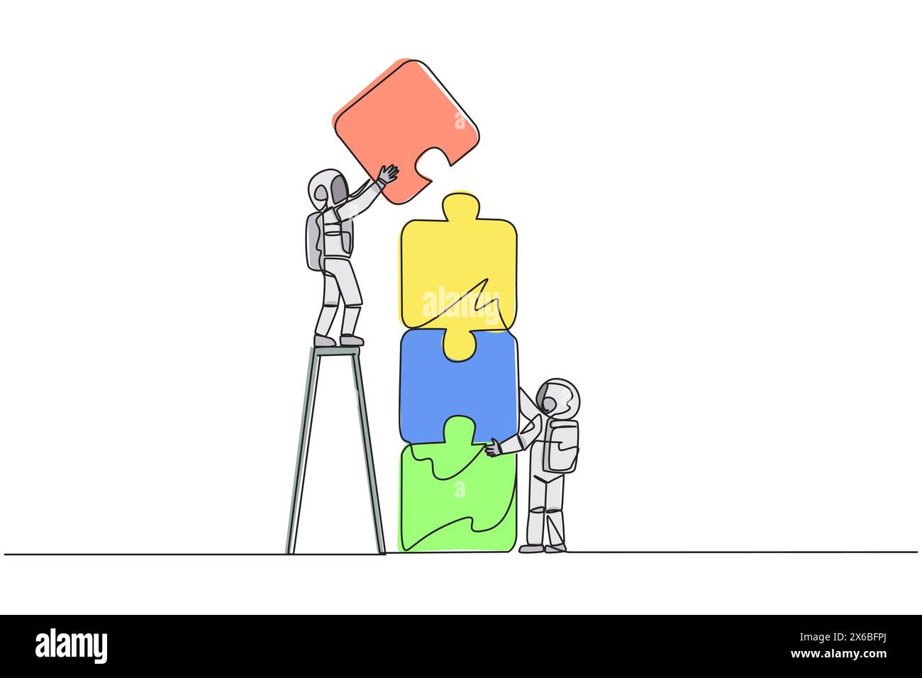 Continuous one line drawing two astronauts putting together a puzzle. One of the two climbs up ...