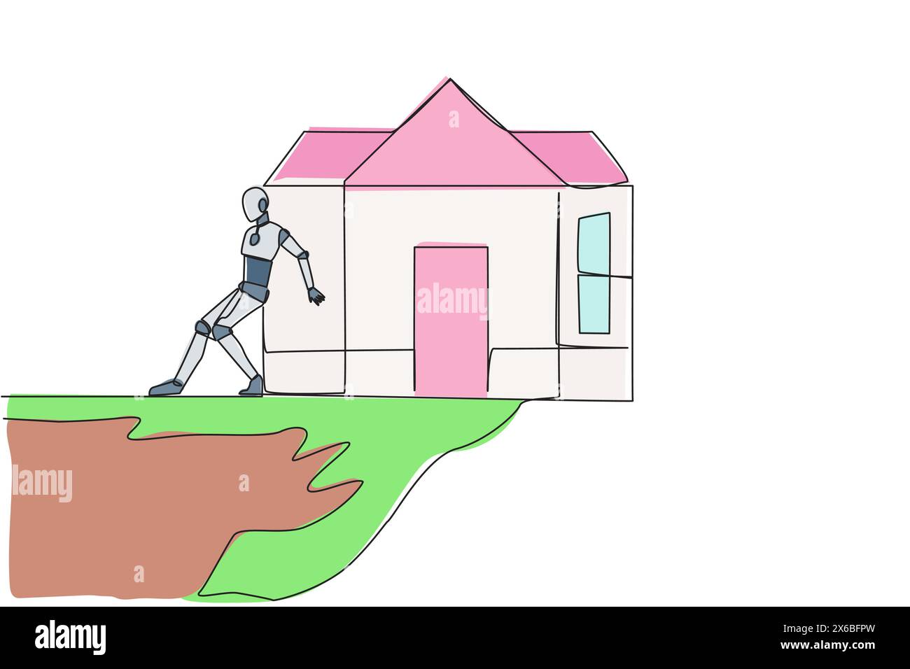 Continuous one line drawing robot pushes miniature house down with its ...