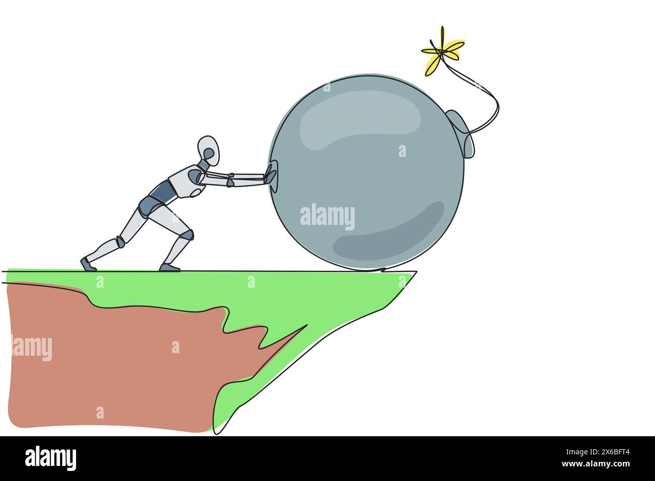 Continuous one line drawing robot pushes large bomb with a burning fuse ...