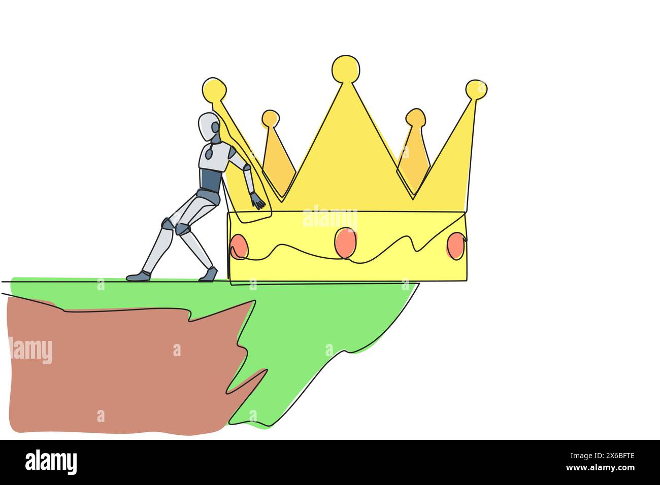 Continuous one line drawing robot pushes a large crown down on its back ...
