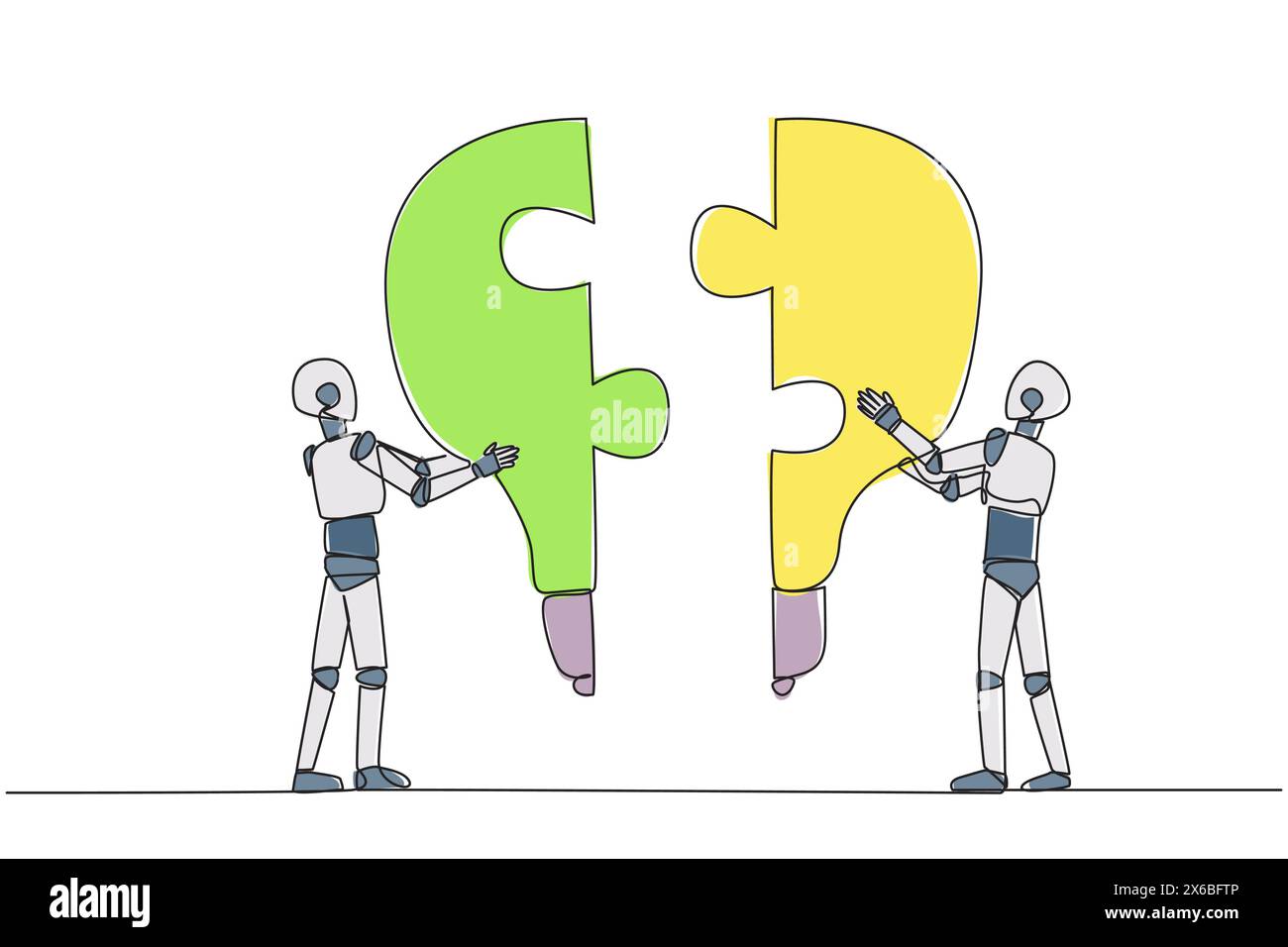 Single one line drawing two robots holding up two lightbulb-shaped ... Single one line drawing two robots holding up two lightbulb-shaped ...