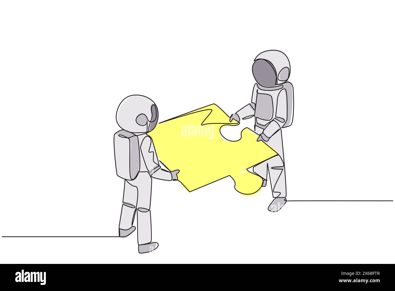Single one line drawing two astronauts lift huge puzzle piece together. Teamwork moves the ...