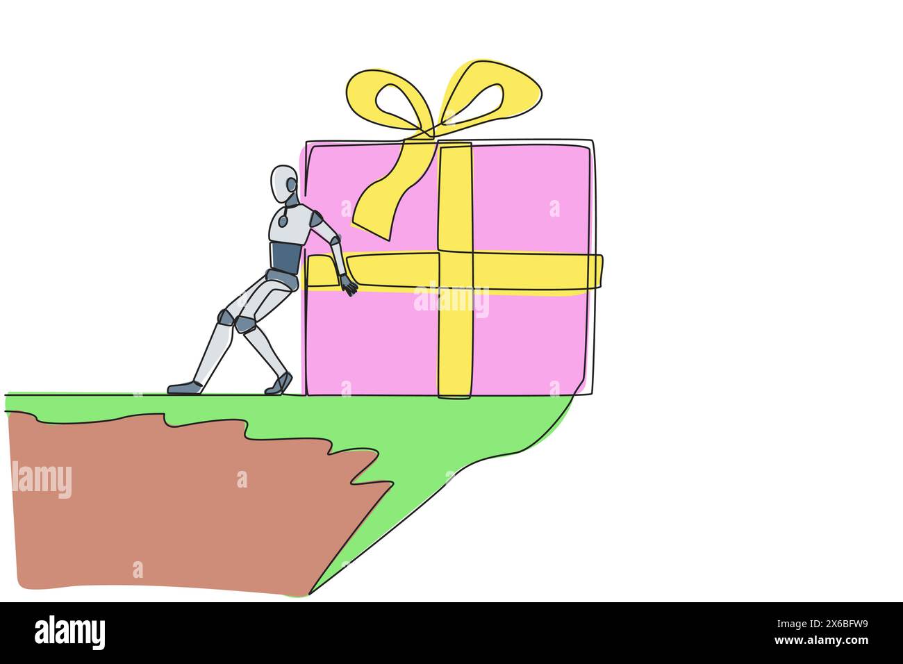 Single continuous line drawing robot pushes the large gift box down ...