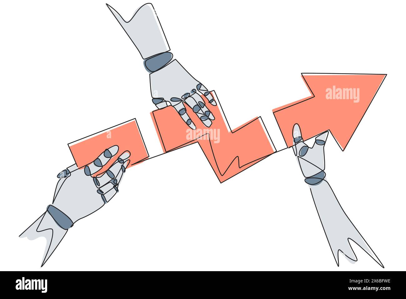 Single one line drawing three robotic hands each holding a directional ...
