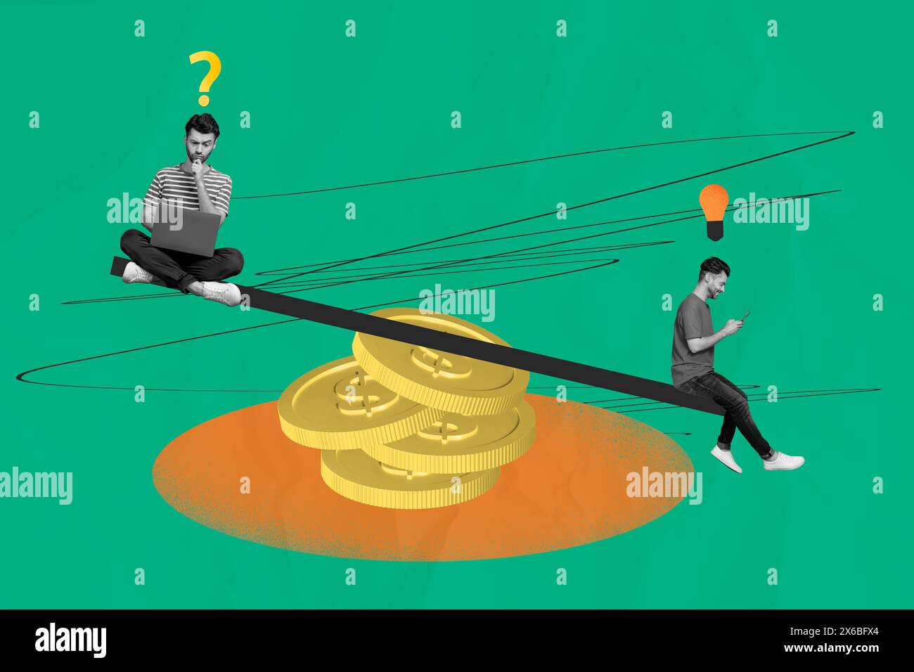 Composite collage picture of two mini guys sit swing use netbook phone ...