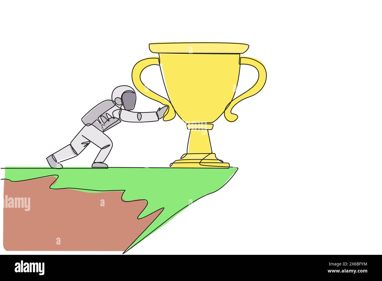 Continuous one line drawing astronaut pushes giant trophy over the edge ...