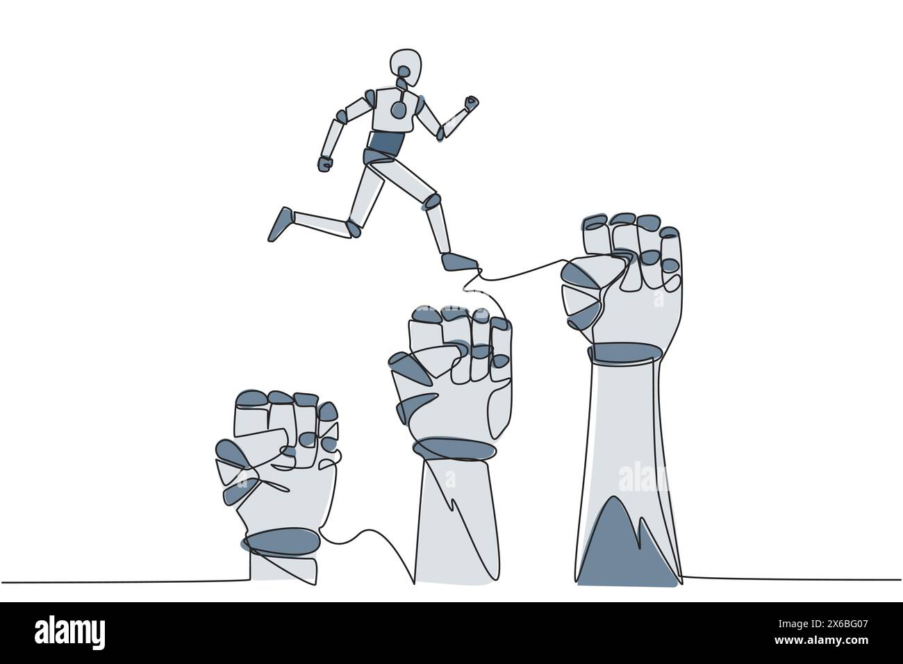 Continuous one line drawing robotic running leaping over three large ...