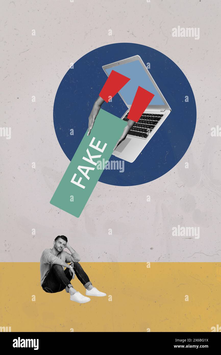 Vertical composite collage picture image of arms laptop screen hold ...