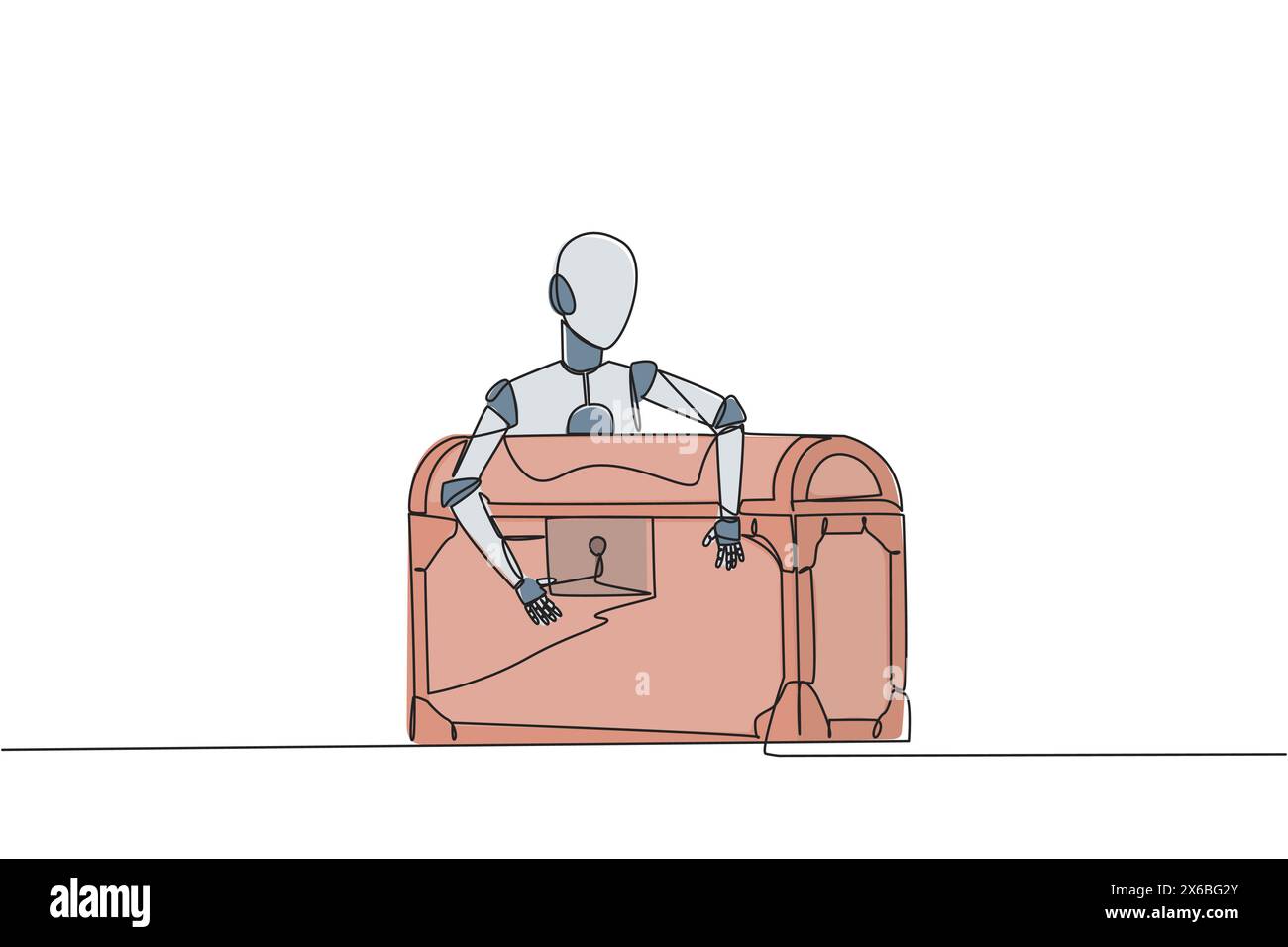 Single continuous line drawing robotic hugging treasure chest. Scans ...