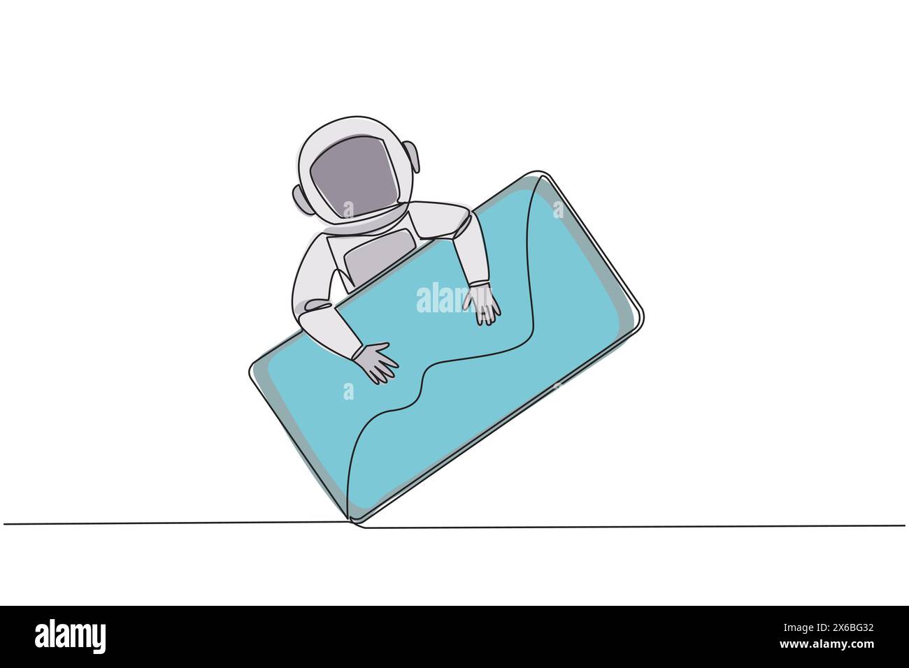 Single continuous line drawing young energetic astronaut hugging ...