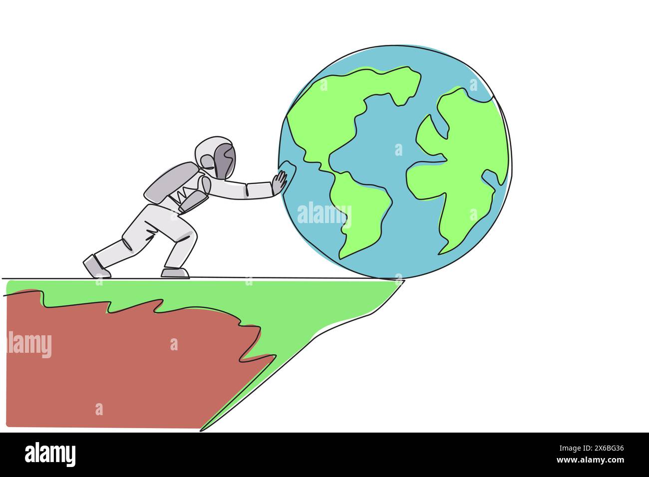 Continuous one line drawing astronaut pushes giant globe over the edge ...