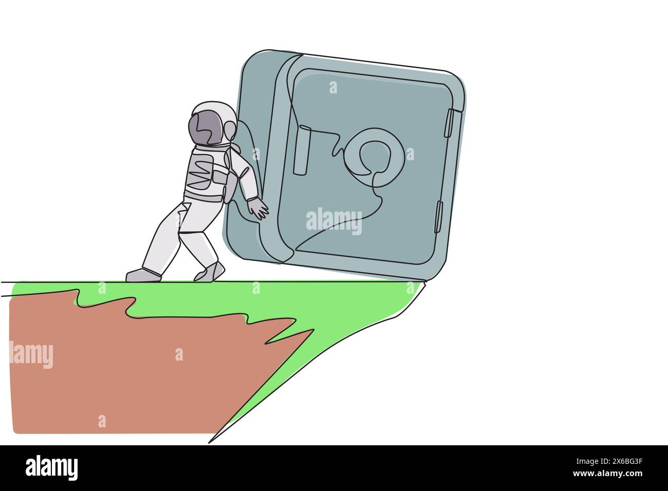 Continuous one line drawing astronaut pushed giant safe deposit box ...