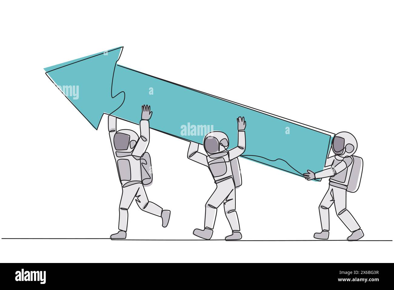 Single one line drawing three astronauts raised the big arrow together ...