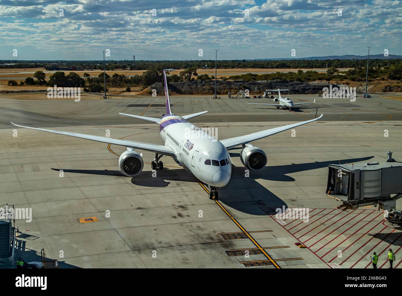 View of Thai airways plane from the business class lounge at Perth ...