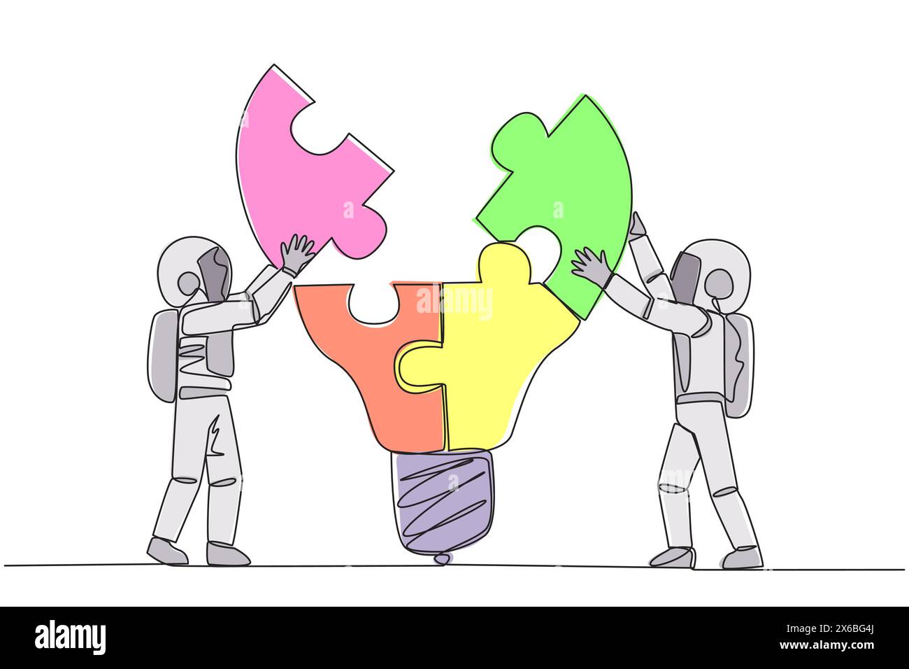 Single one line drawing two astronauts work in teams to complete a lightbulb-top puzzle. Working ...