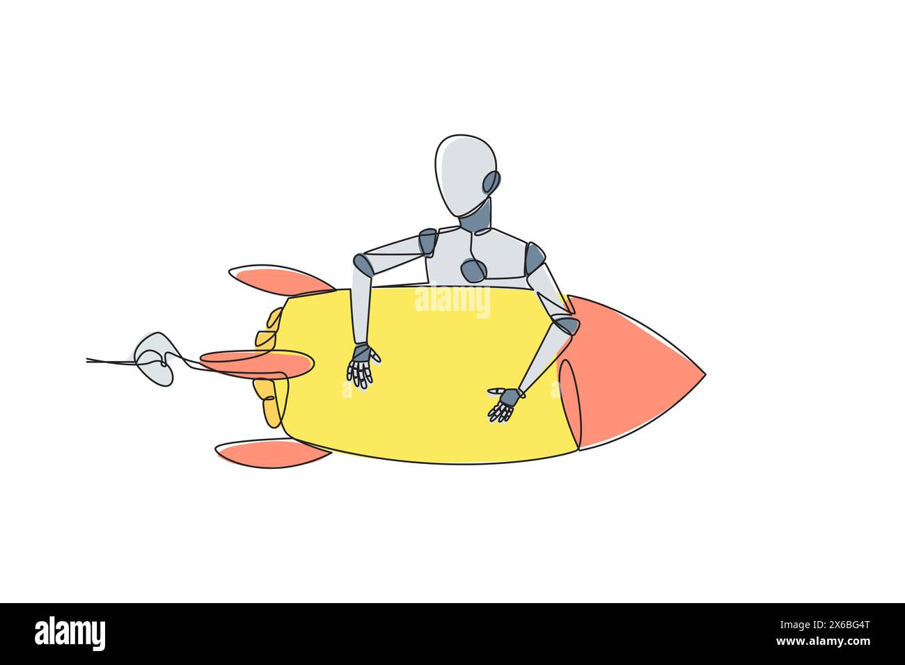 Single one line drawing robot hugging flying rocket. His ability is set ...