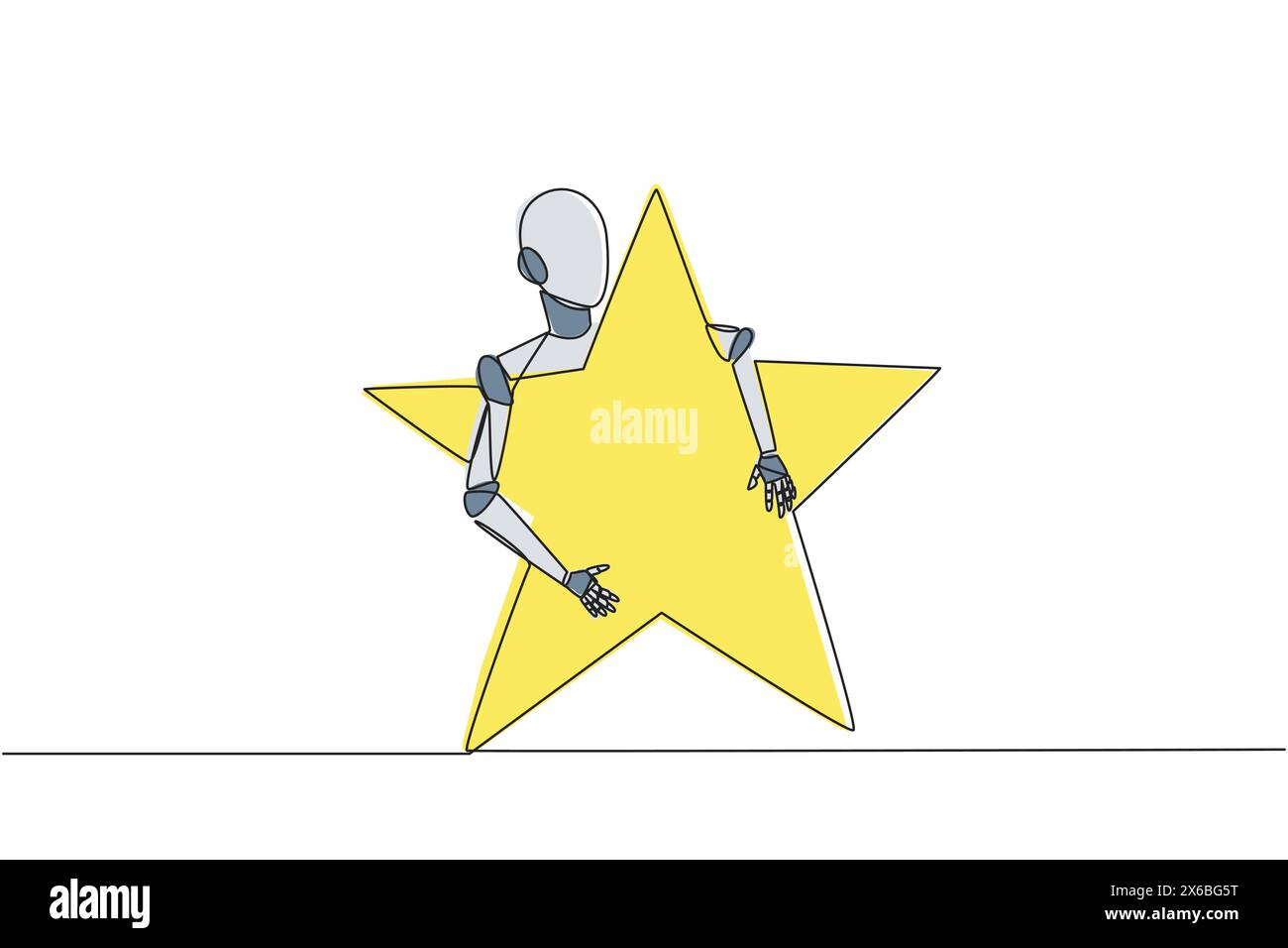 Single continuous line drawing robot hugging star. Like the sheriff ...