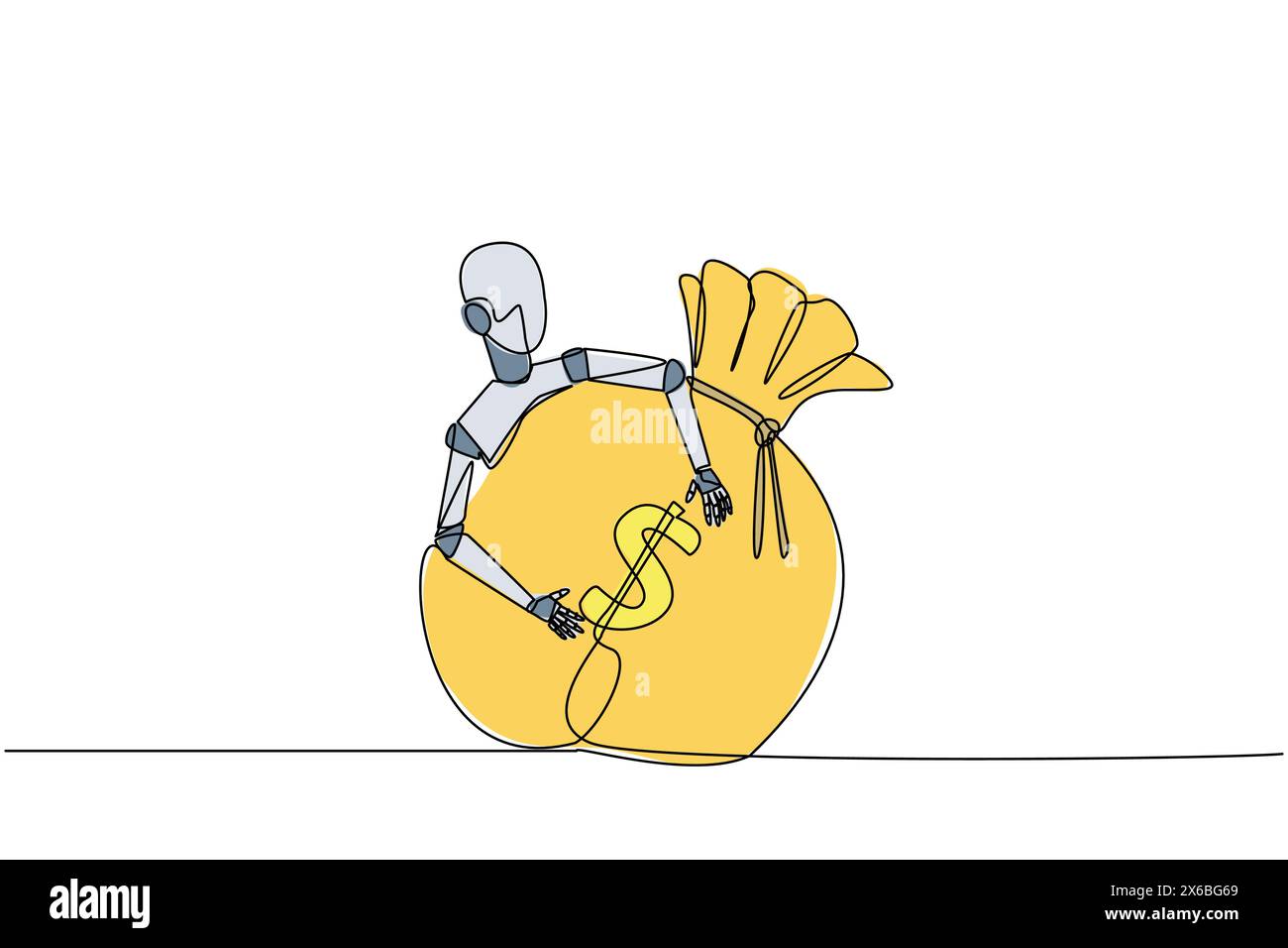 Single one line drawing robot hugging money bag. The smarter the robot ...