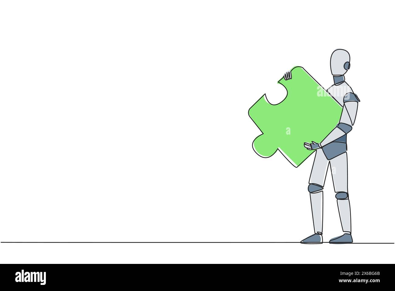 Single one line drawing of walking robot carries puzzle pieces. Strong ...