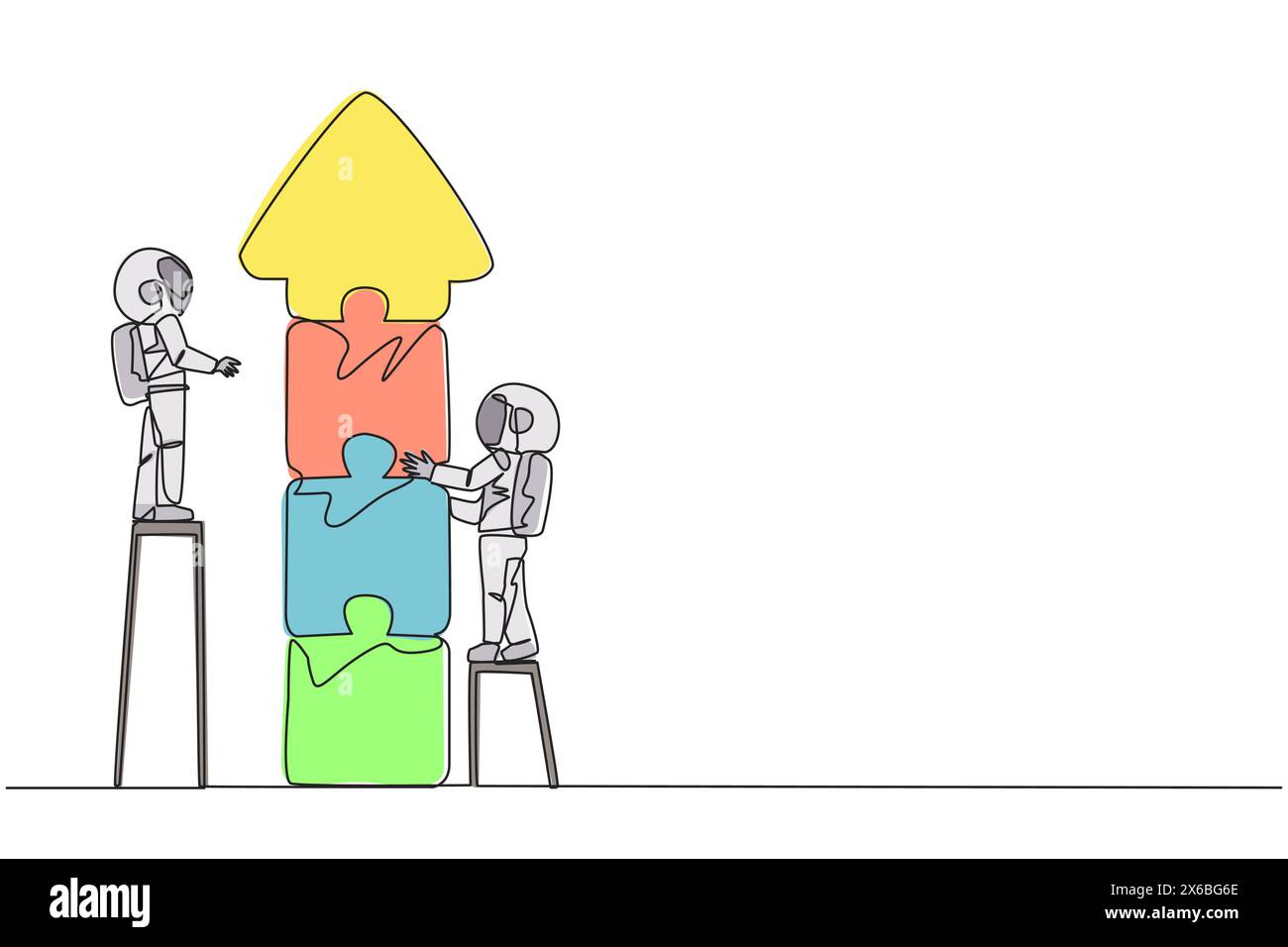 Continuous one line drawing two robots doing teamwork together ...