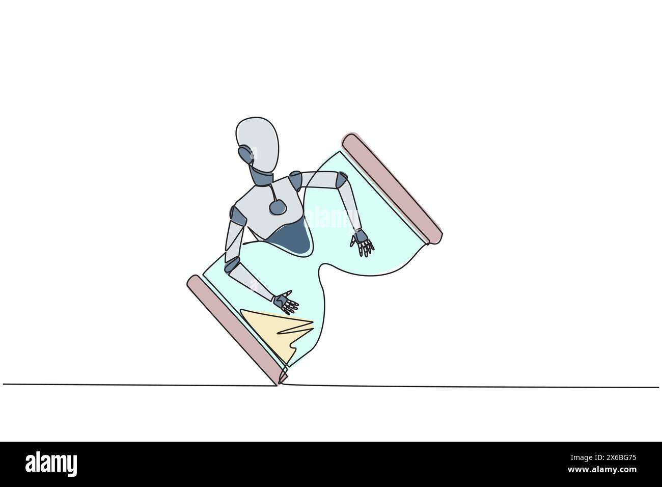 Single continuous line drawing robot hugging hourglass. The creation of robots in business world ...