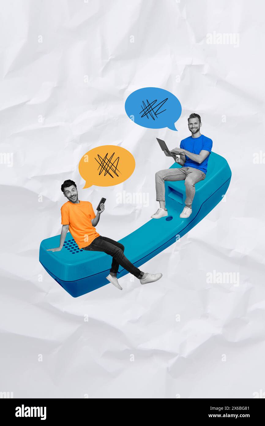 Creative collage of two man coworkers internet connection sit bit ...