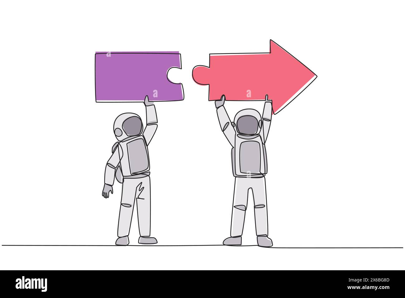 Continuous one line drawing two astronauts doing teamwork to carrying directional arrow puzzle ...