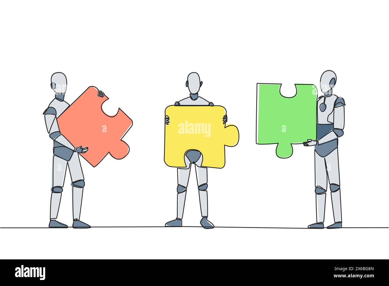 Single one line drawing three robots each carrying three puzzle pieces. Teamwork of robots ...