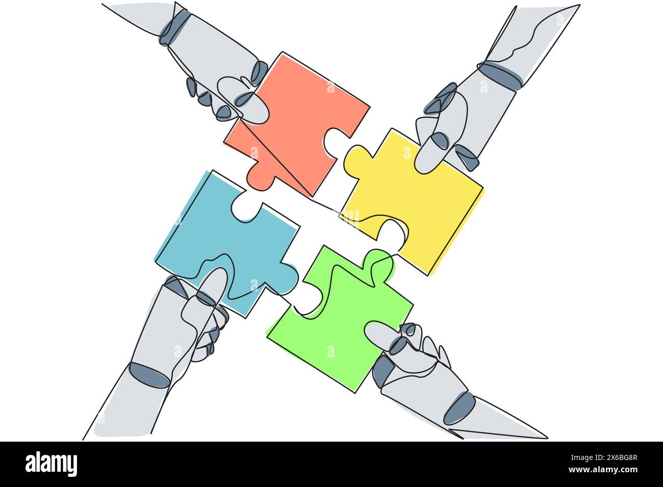 Continuous one line drawing four robot hands holding a puzzle piece ...