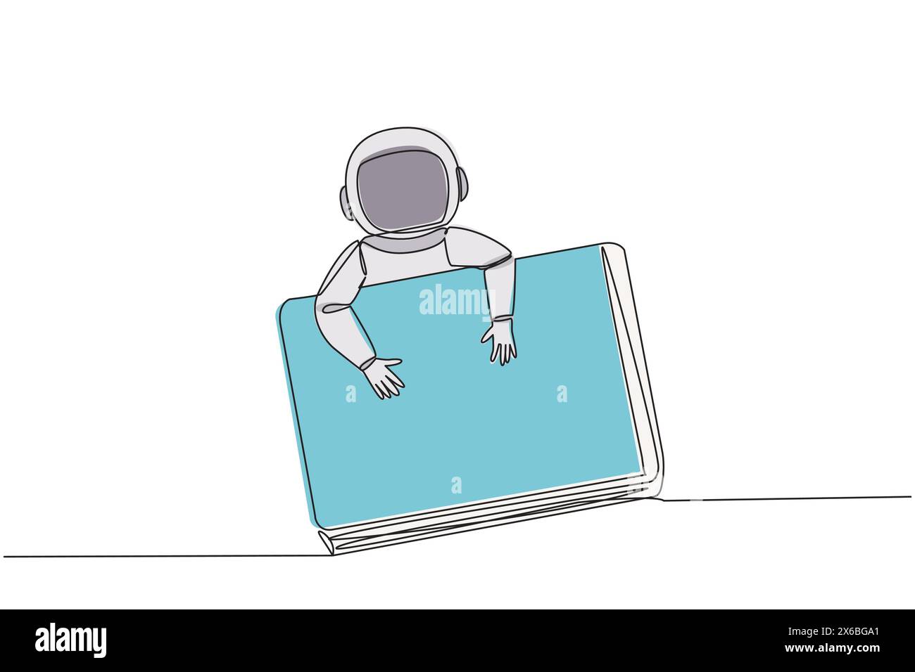 Continuous one line drawing young astronaut hugging laptop. Prepare to ...