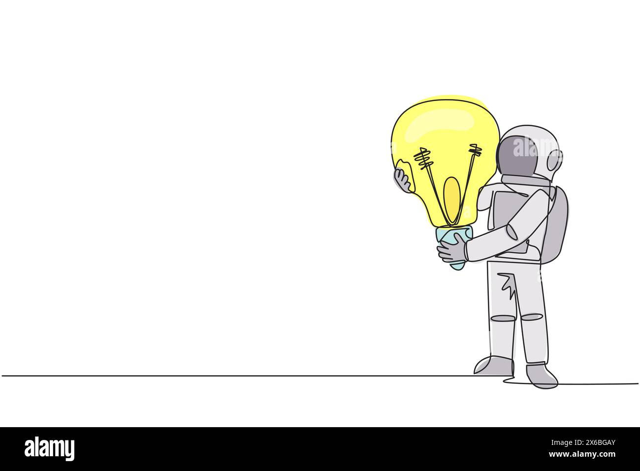 Continuous one line drawing young energetic astronaut lift up lightbulb ...