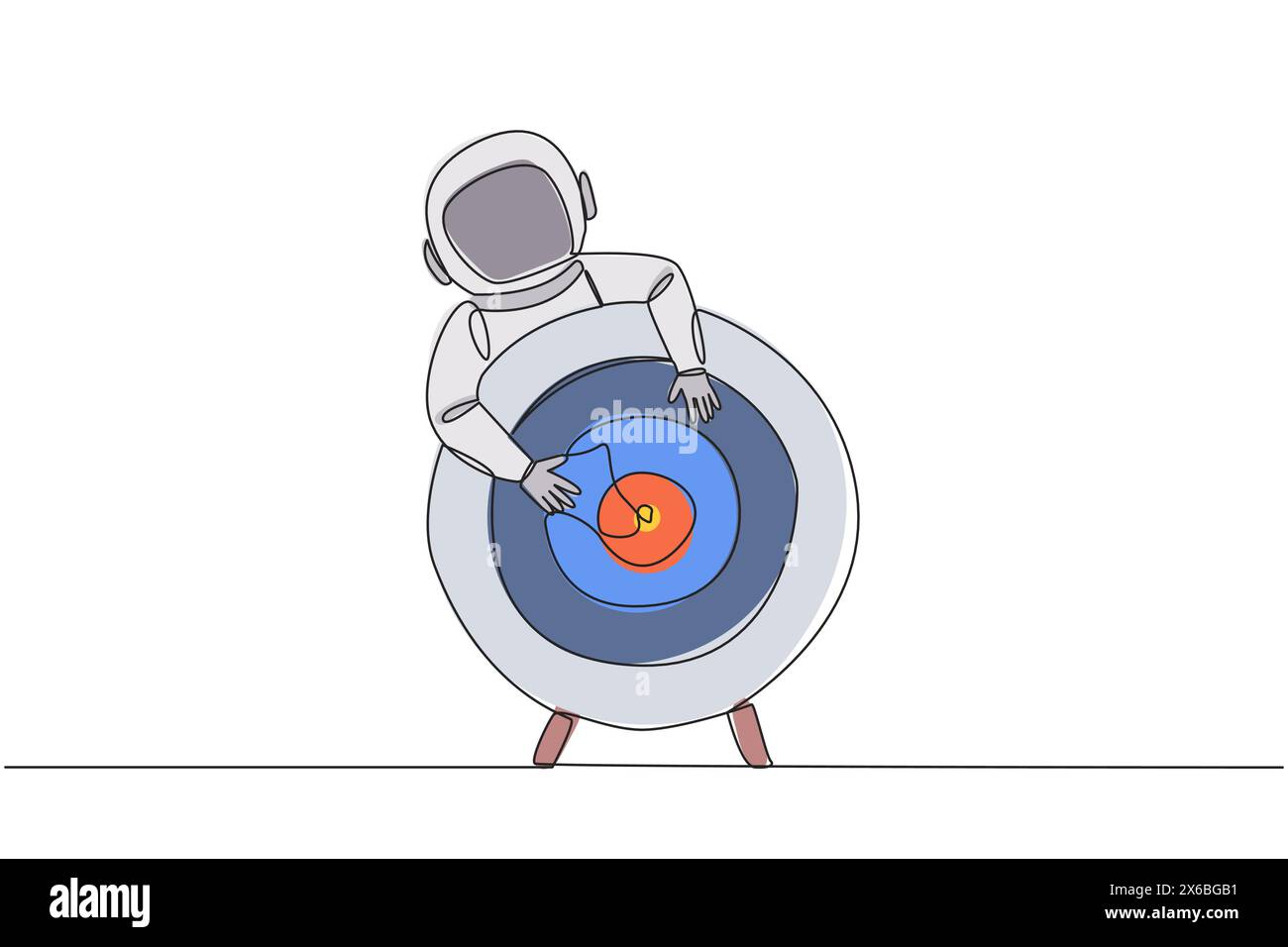 Single one line drawing young astronaut hugging arrow board target ...
