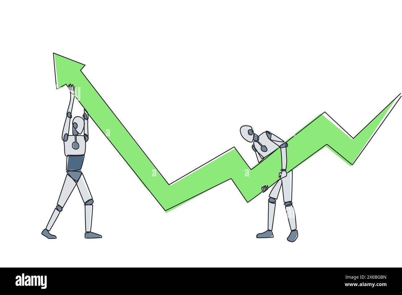 Single continuous line drawing two robots holding a large arrow chart ...