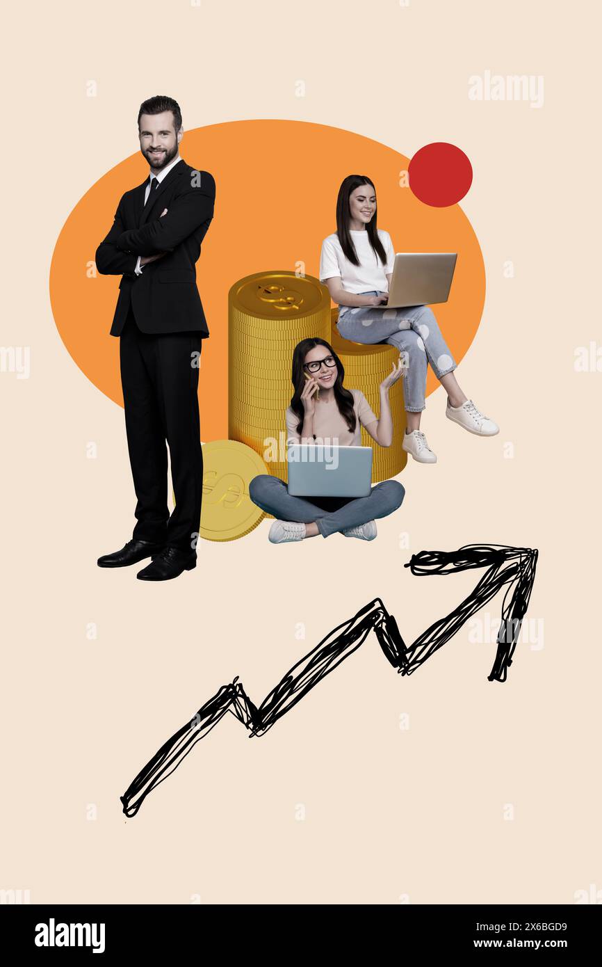 Creative trend collage of confident teamwork earning money golden coins ...