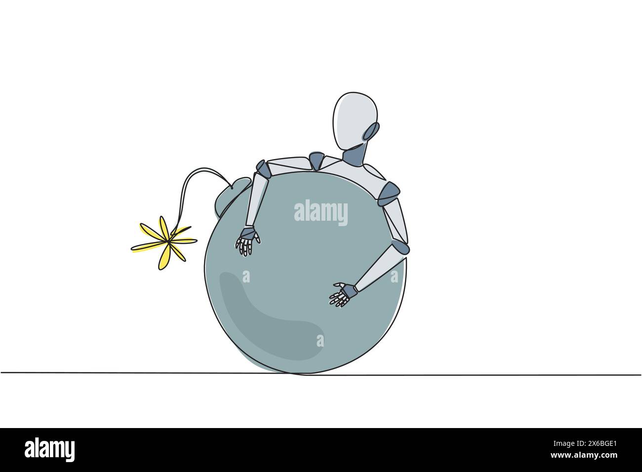 Single continuous line drawing robot hugging large bomb with a burning ... Single continuous line drawing robot hugging large bomb with a burning ...