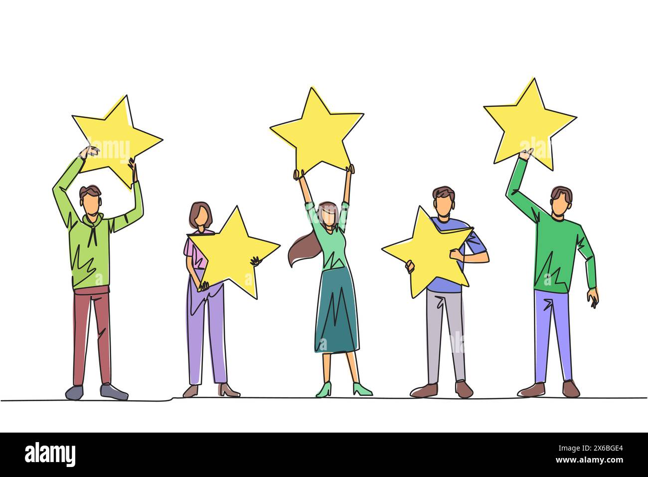 Single continuous line drawing a group of three men and two women ...