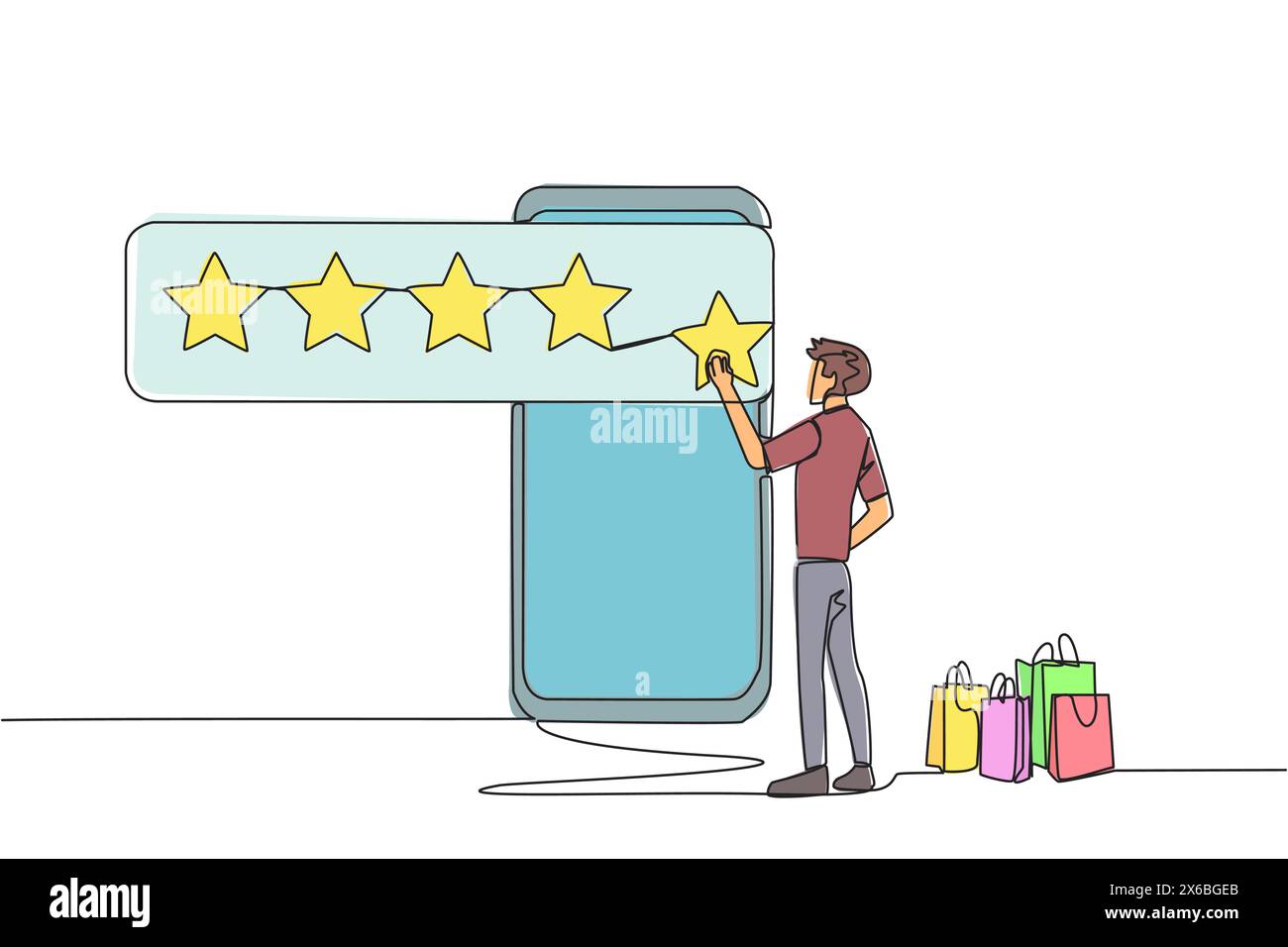 Continuous one line drawing man standing facing giant smartphone and ...