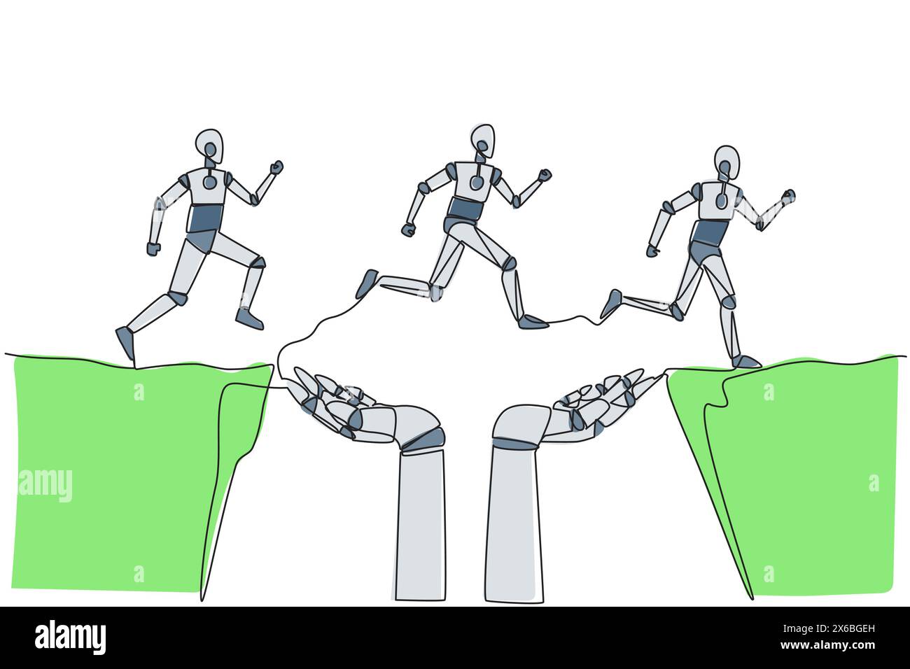 Single continuous line drawing three robots running through a cliff ...