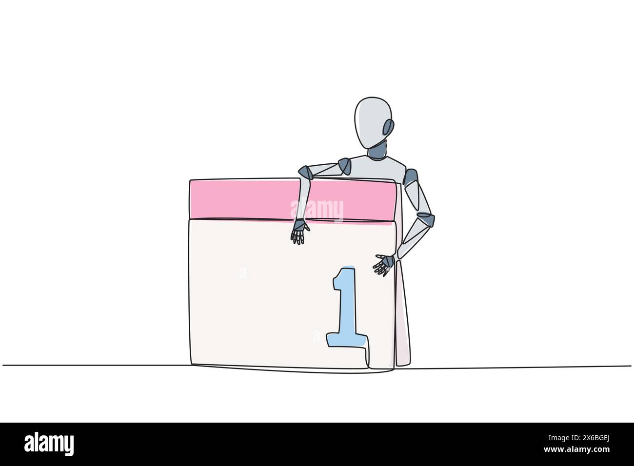 Continuous one line drawing robot hugging desk calendar. The launch ...