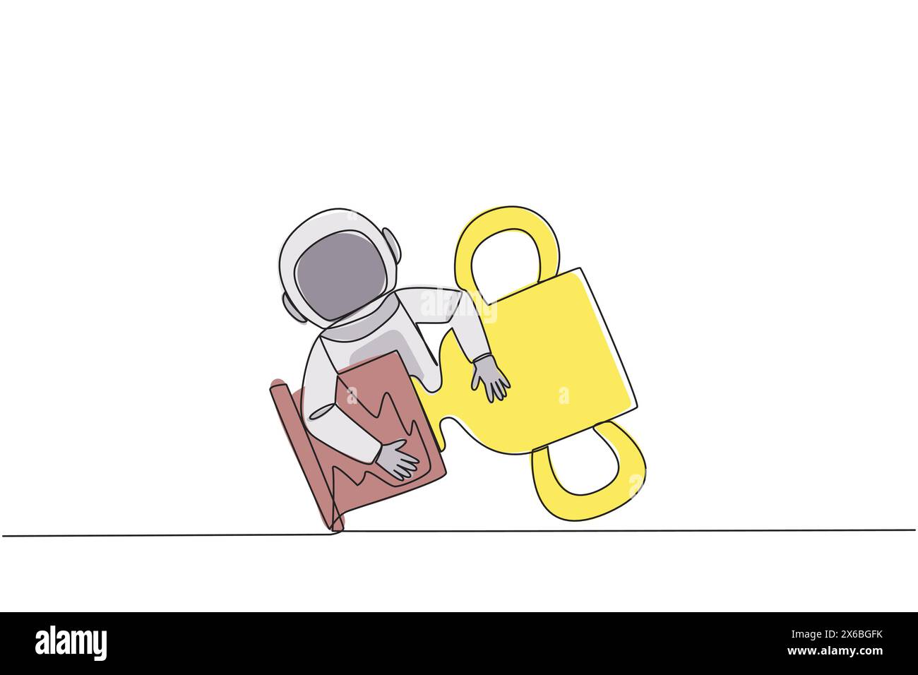 Single one line drawing young energetic astronaut hugging trophy ...